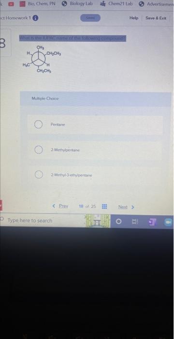 Solved Muitiple Choice Pertane: 2 Methypentane 2.Metipi3 | Chegg.com