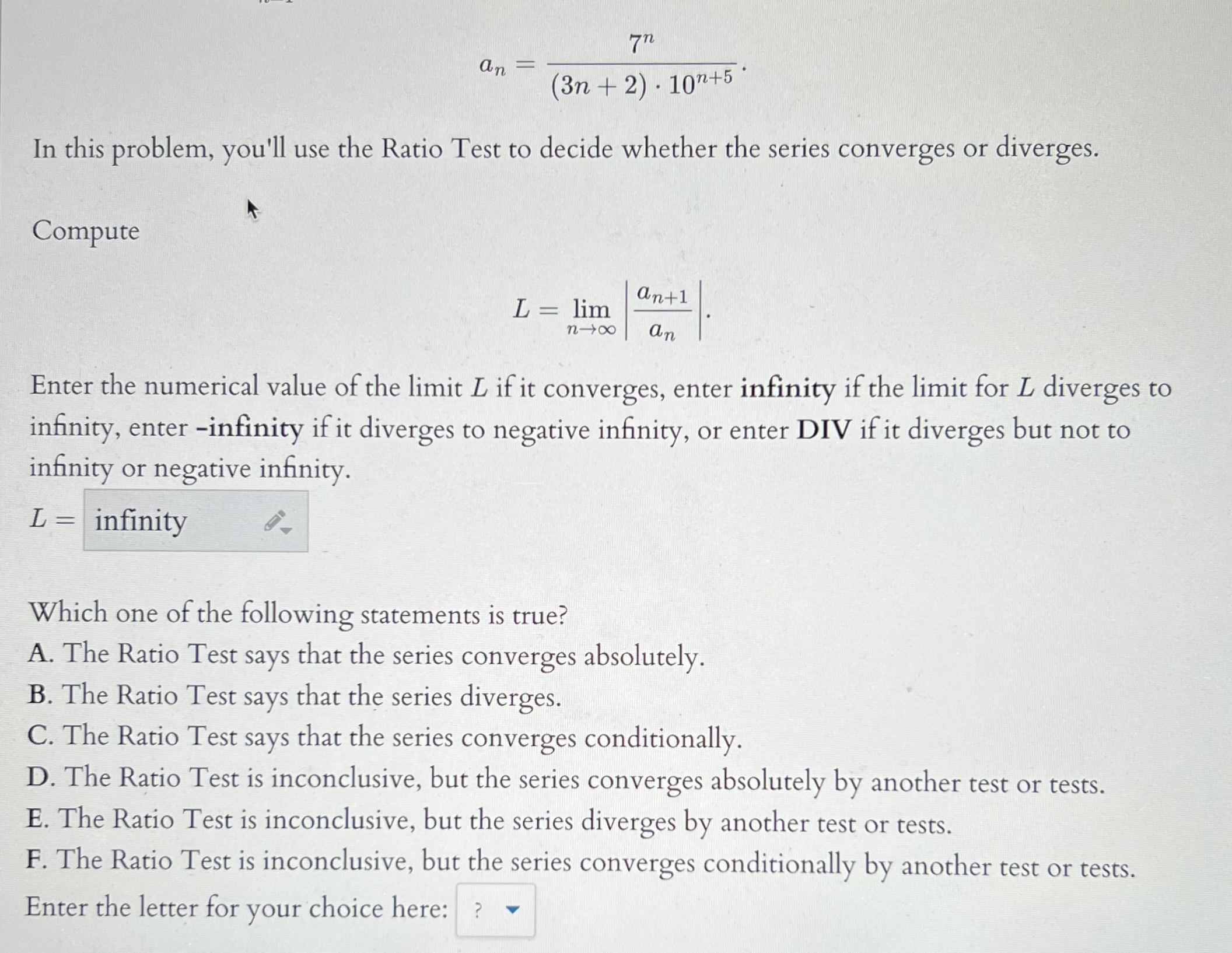 Solved an=7n(3n+2)*10n+5In this problem, you'll use the | Chegg.com