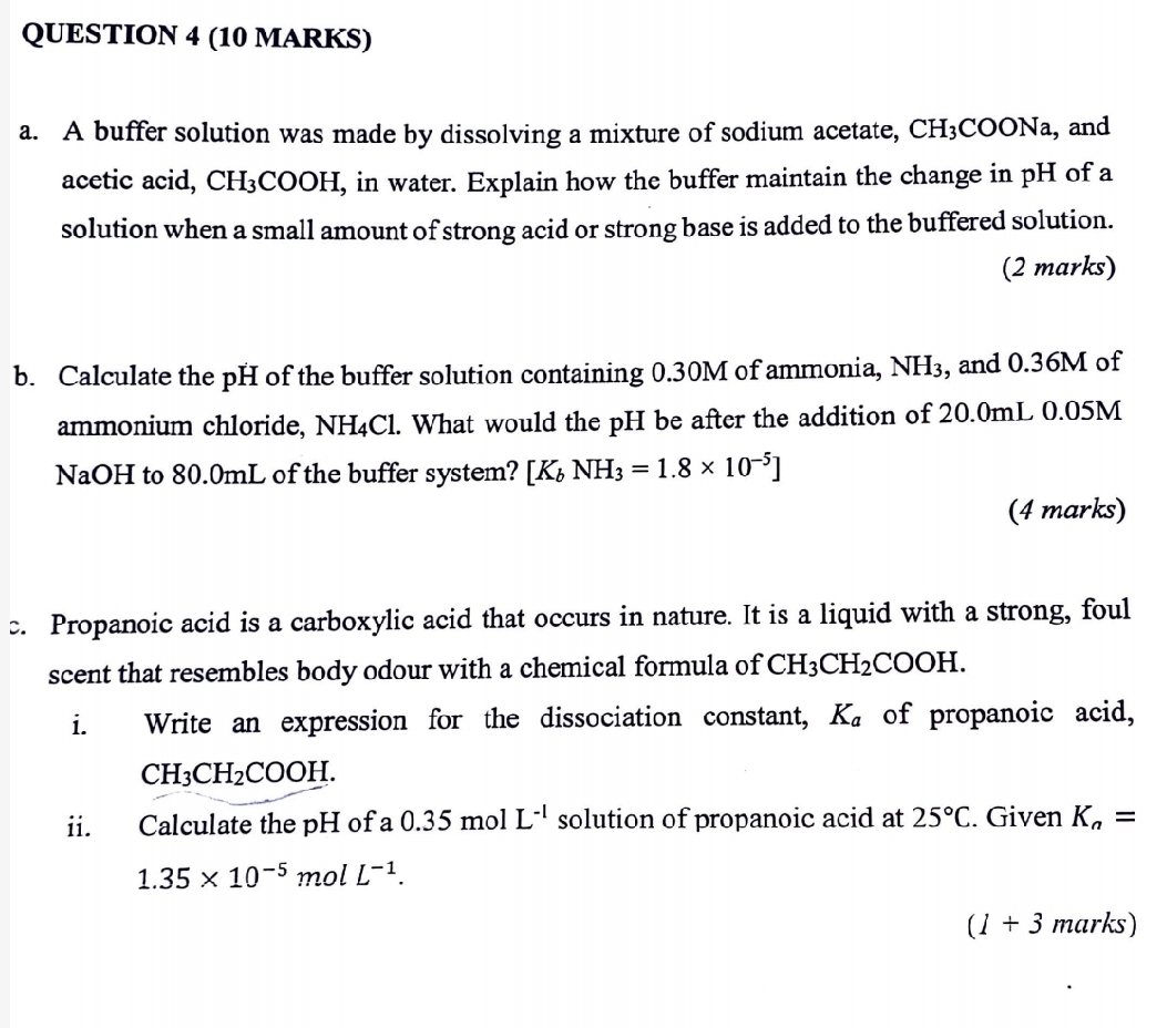 Solved QUESTION 4 (10 ﻿MARKS)a. ﻿A buffer solution was made | Chegg.com