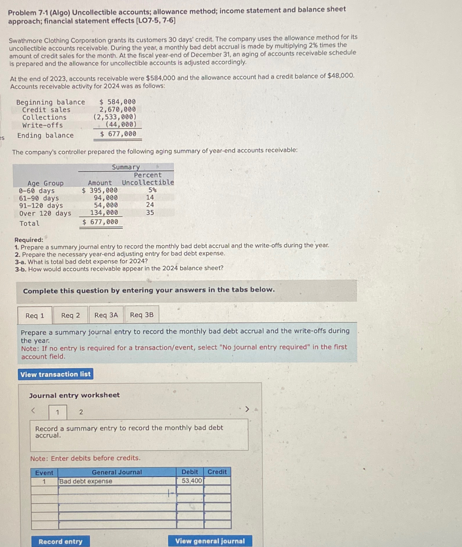 Solved Problem 7-1 (Algo) ﻿Uncollectible accounts; allowance | Chegg.com