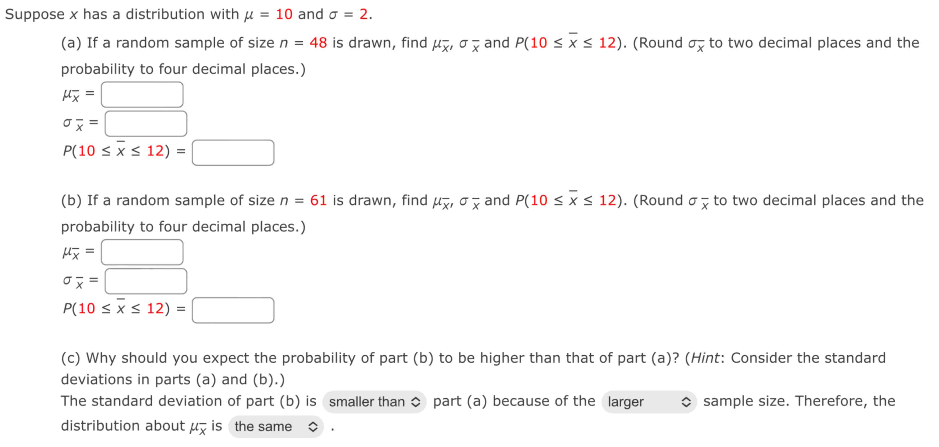 Solved Suppose x ﻿has a distribution with μ=10 ﻿and σ=2.(a) | Chegg.com