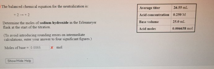 Solved The balanced chemical equation for the neutralization | Chegg.com