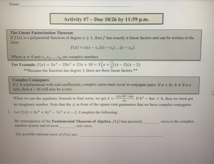 Solved Name Activity #7 - Due 10/26 by 11:59 p.m. The Linear | Chegg.com