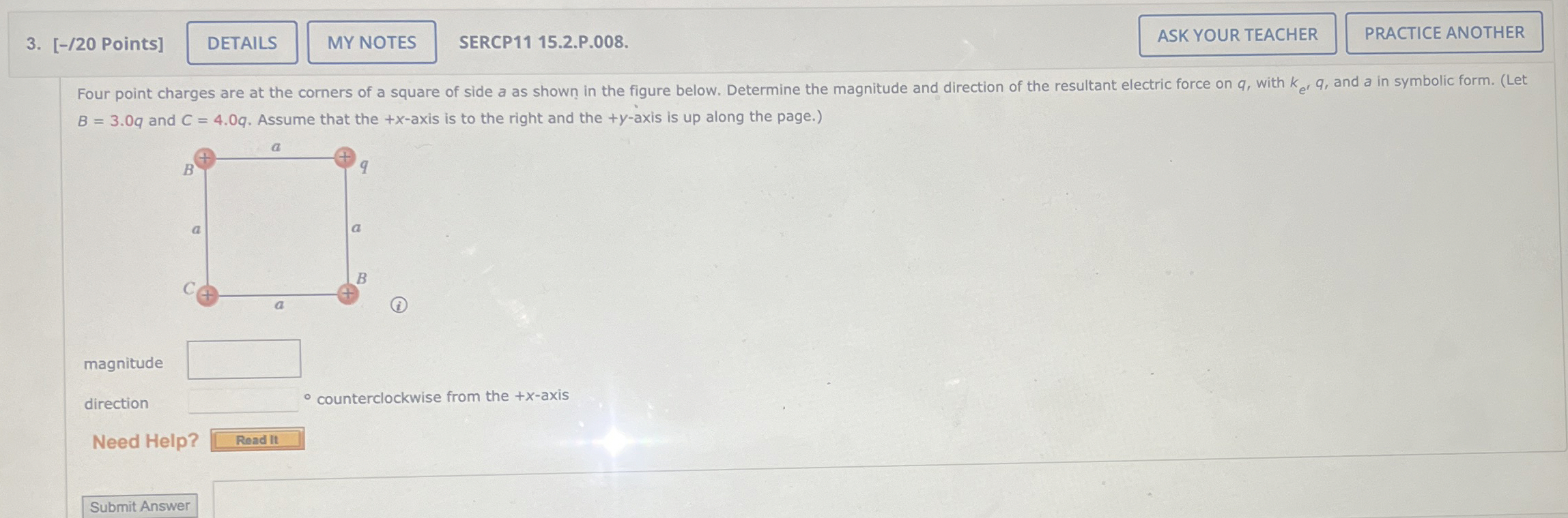 Solved Points]SERCP11 15.2.P.008.Four point charges are at | Chegg.com