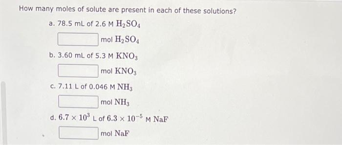 Solved How many moles of solute are present in each of these | Chegg.com