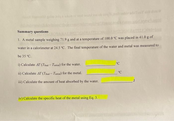 Solved Summary questions 1. A metal sample weighing 71.9 g | Chegg.com