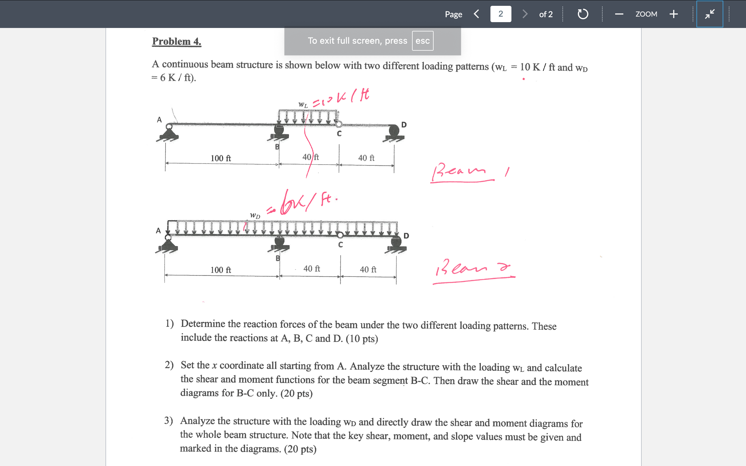 Solved A continuous beam structure is shown below with two | Chegg.com