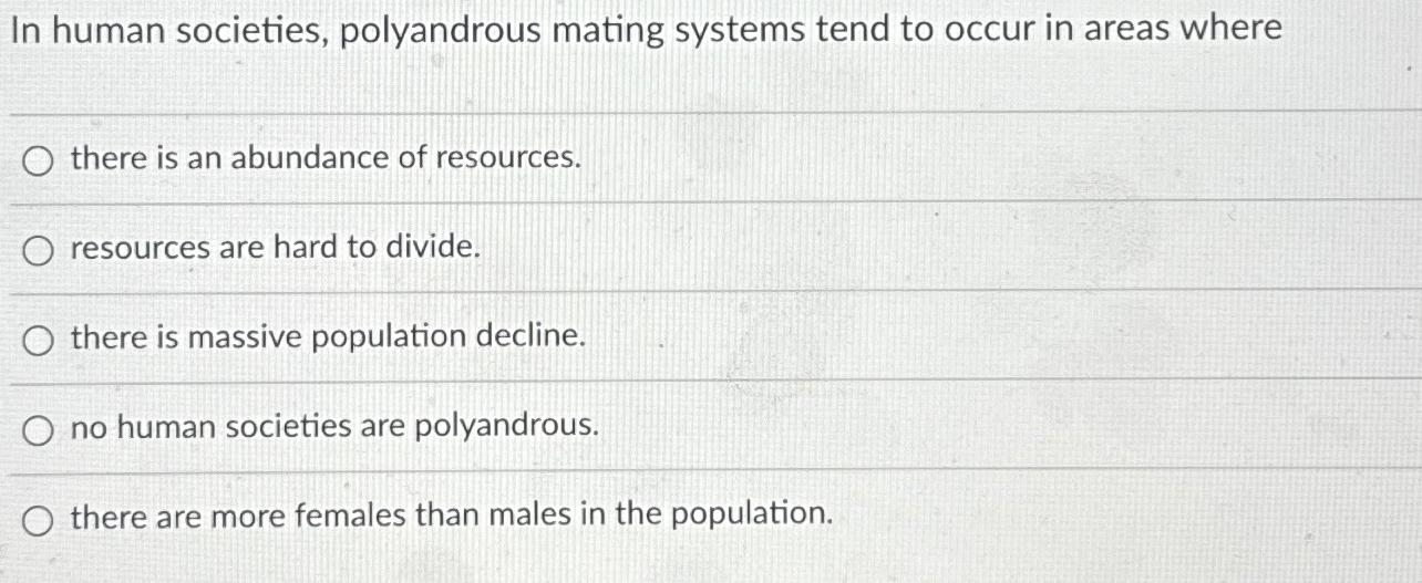 Solved In human societies, polyandrous mating systems tend | Chegg.com