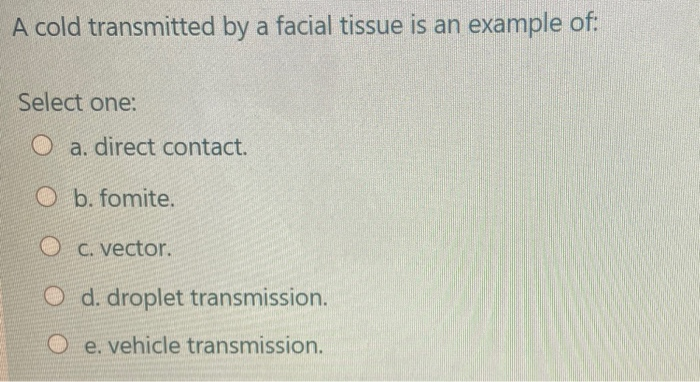 Solved A cold transmitted by a facial tissue is an example | Chegg.com