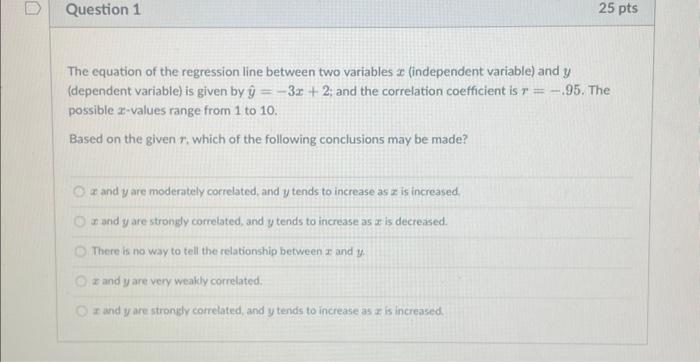 Solved The equation of the regression line between two | Chegg.com