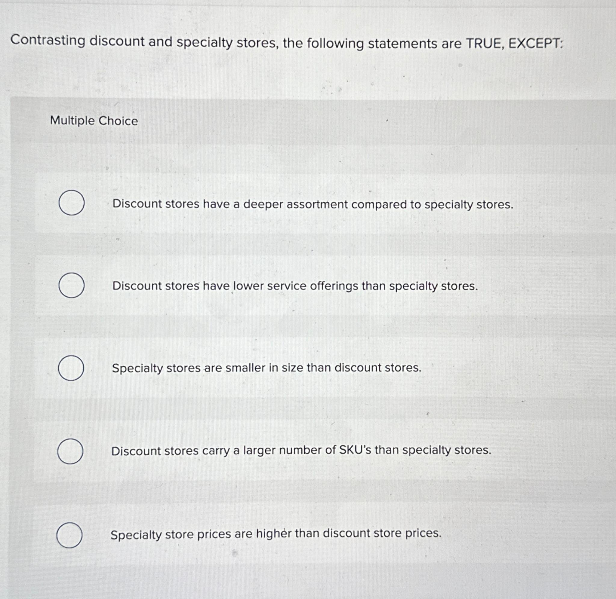 Solved Contrasting discount and specialty stores, the | Chegg.com