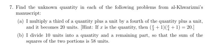 Solved 7. Find the unknown quantity in each of the following | Chegg.com