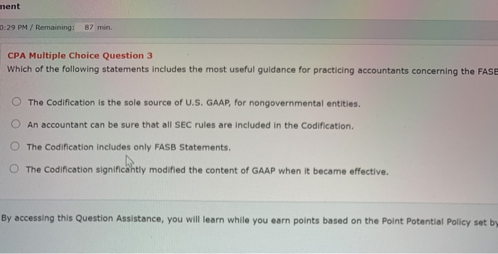 ment 0:29 PM / Remaining: 87 min. CPA Multiple Choice | Chegg.com