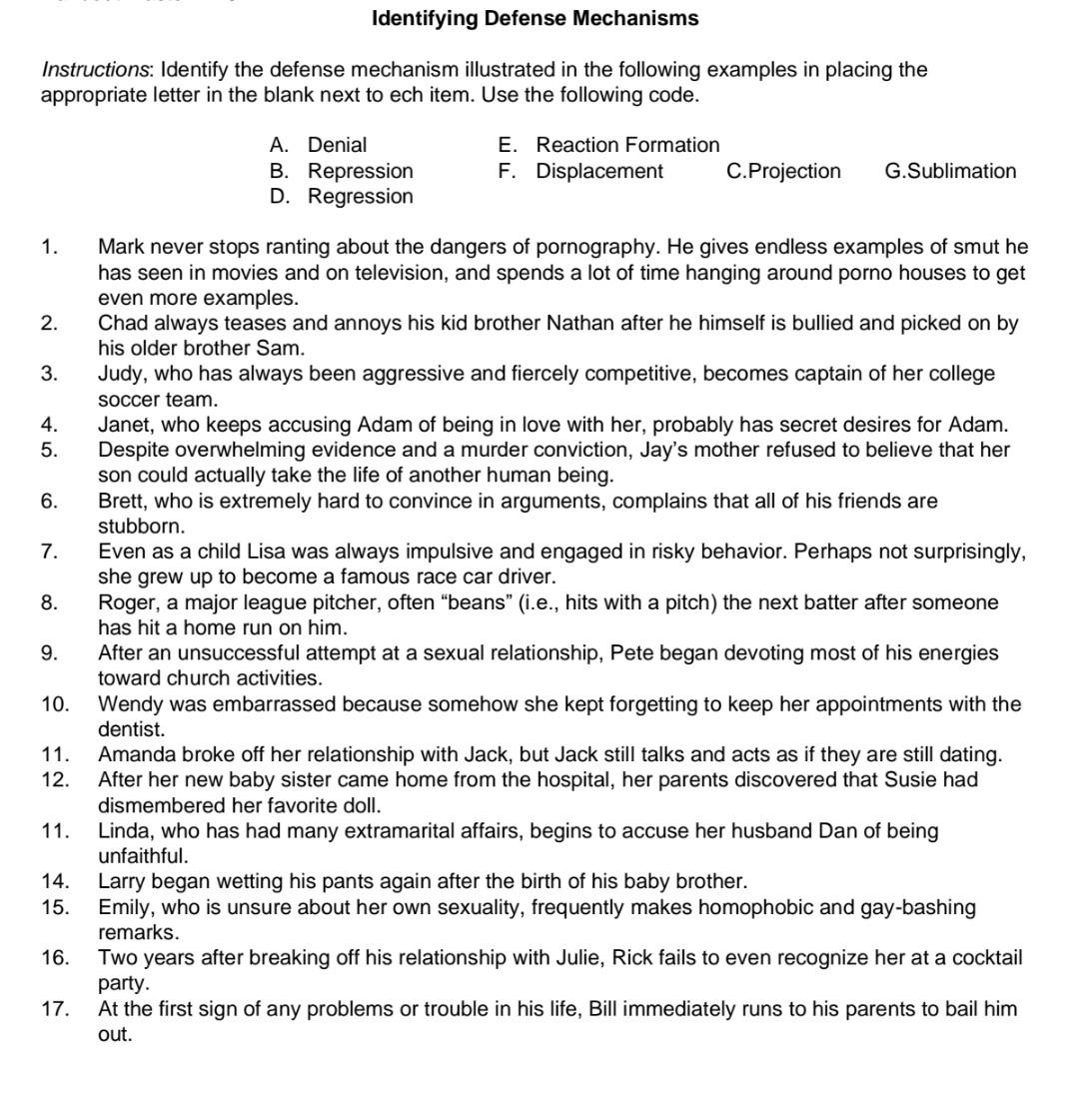 Solved Identifying Defense Mechanisms Instructions: Identify | Chegg.com