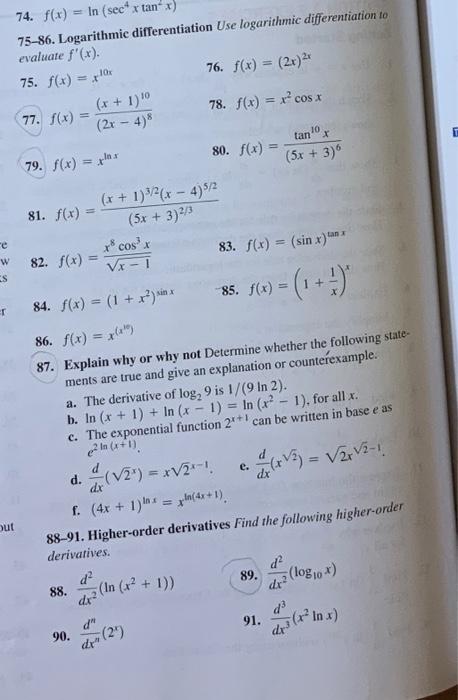 Solved COS X 74. f(x) = In (sec* x tan-x) 75-86. Logarithmic | Chegg.com