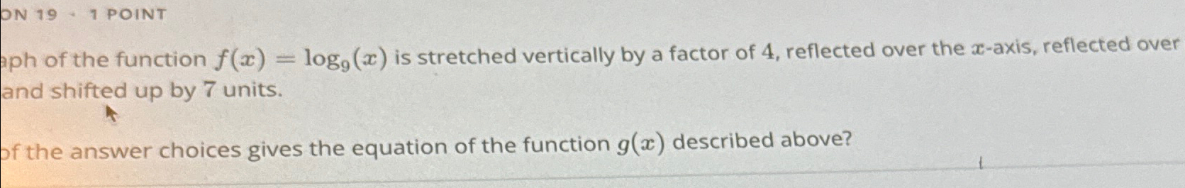 Solved ON 19:1 ﻿POINTaph of the function f(x)=log9(x) ﻿is | Chegg.com