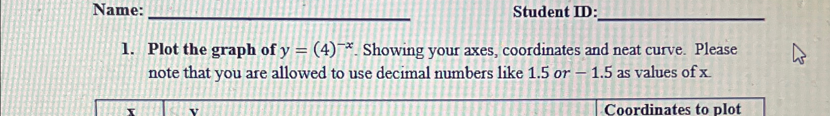 Solved Plot the graph of y=(4)-x. ﻿Showing your axes, | Chegg.com