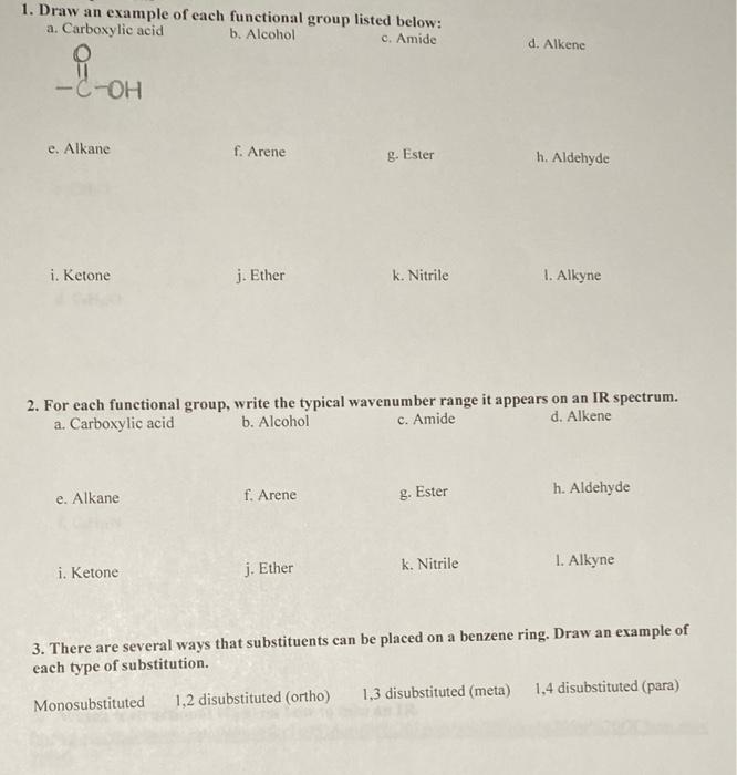Solved d. Alkene 1. Draw an example of each functional group | Chegg.com