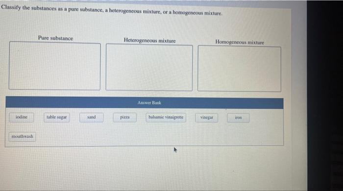 Solved Classify the substances as a pure substance, a | Chegg.com