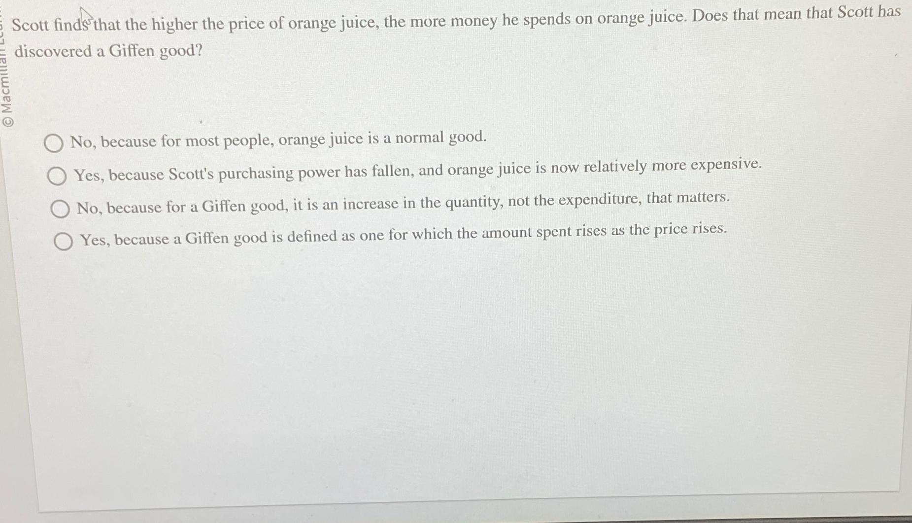 Solved Scott finds that the higher the price of orange | Chegg.com