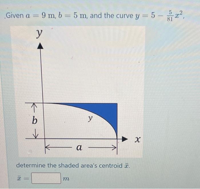 Solved Given a=9 m,b=5 m, and the curve y=5−815x2, determine | Chegg.com
