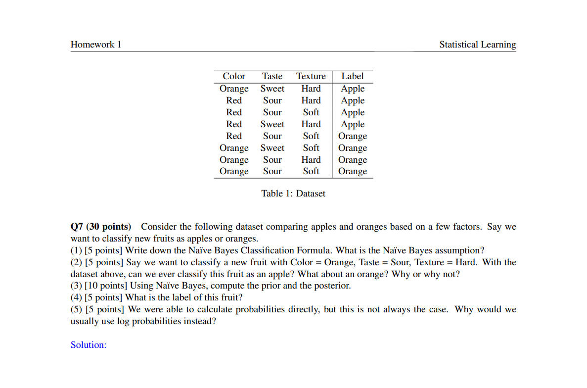 Solved Table 1: DatasetQ7 (30 ﻿points) ﻿Consider the | Chegg.com