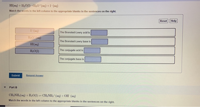 Solved HI(aq) + H2O(1) HIO (aq) + I- (aq) Match the words in | Chegg.com