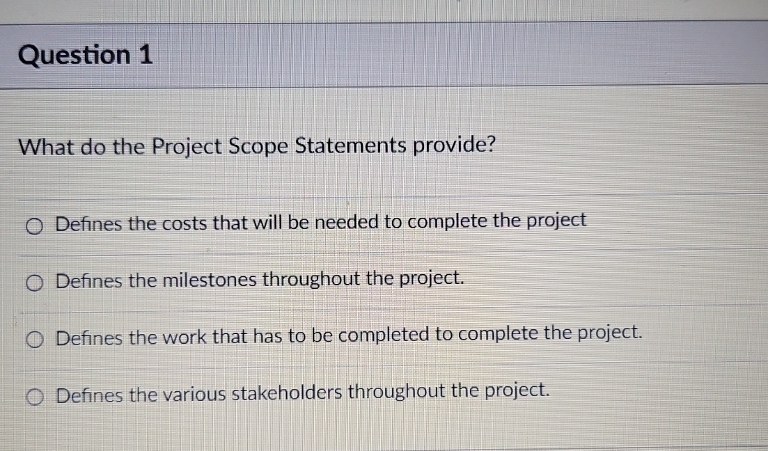 Solved Question 1What do the Project Scope Statements | Chegg.com