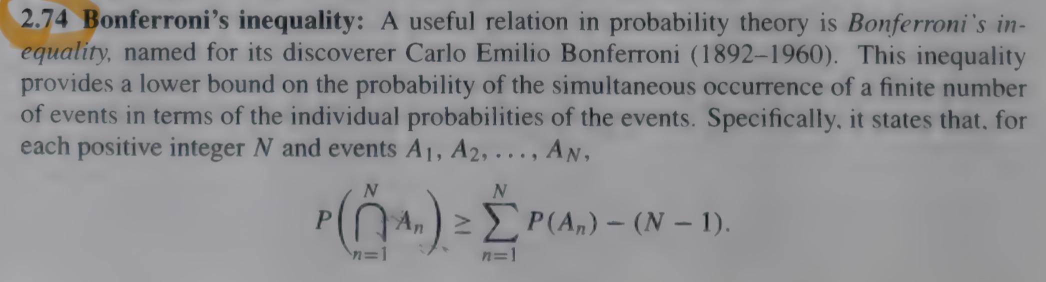Solved 2.74 ﻿Prove Bonferroni's inequality for N=2 | Chegg.com