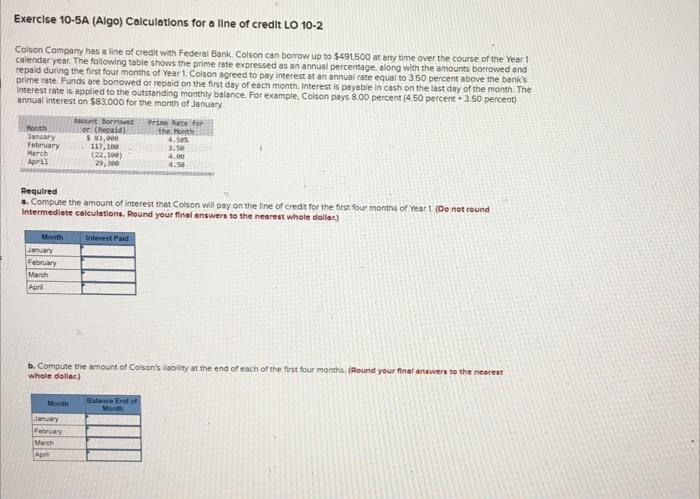 Solved Exercise 10-5A (Algo) Calculations for a line of | Chegg.com