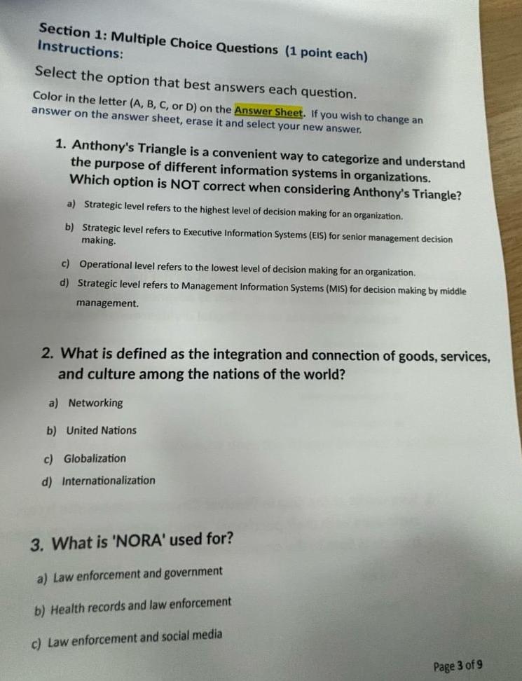Solved Section 1: Multiple Choice Questions (1 ﻿point each) | Chegg.com
