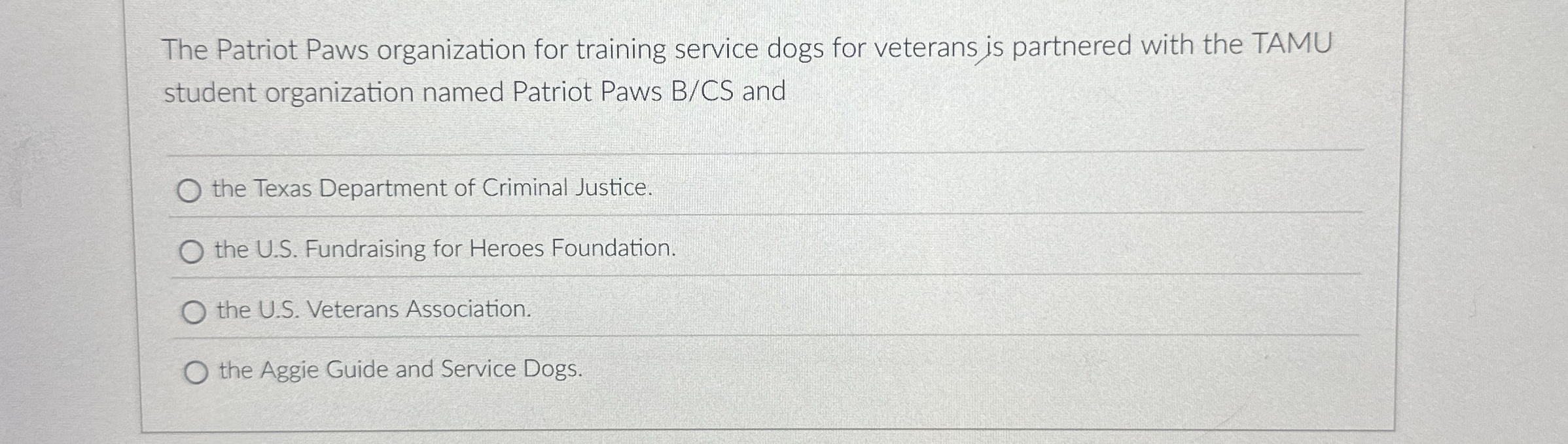 Solved The Patriot Paws organization for training service | Chegg.com