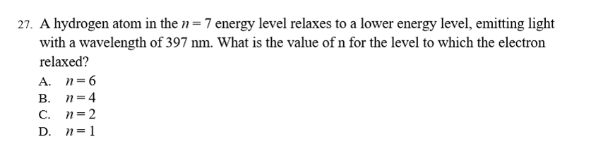 Solved A hydrogen atom in ﻿the n=7 ﻿energy level relaxes to | Chegg.com