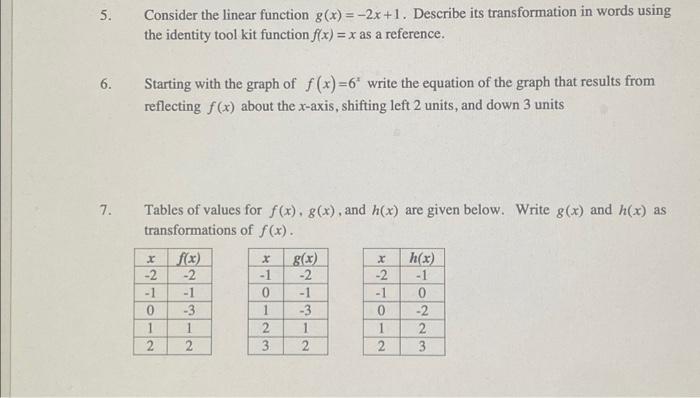 Solved 5. Consider the linear function g(x)=−2x+1. Describe | Chegg.com
