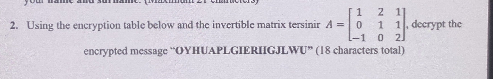 Solved Using the encryption table below and the invertible | Chegg.com