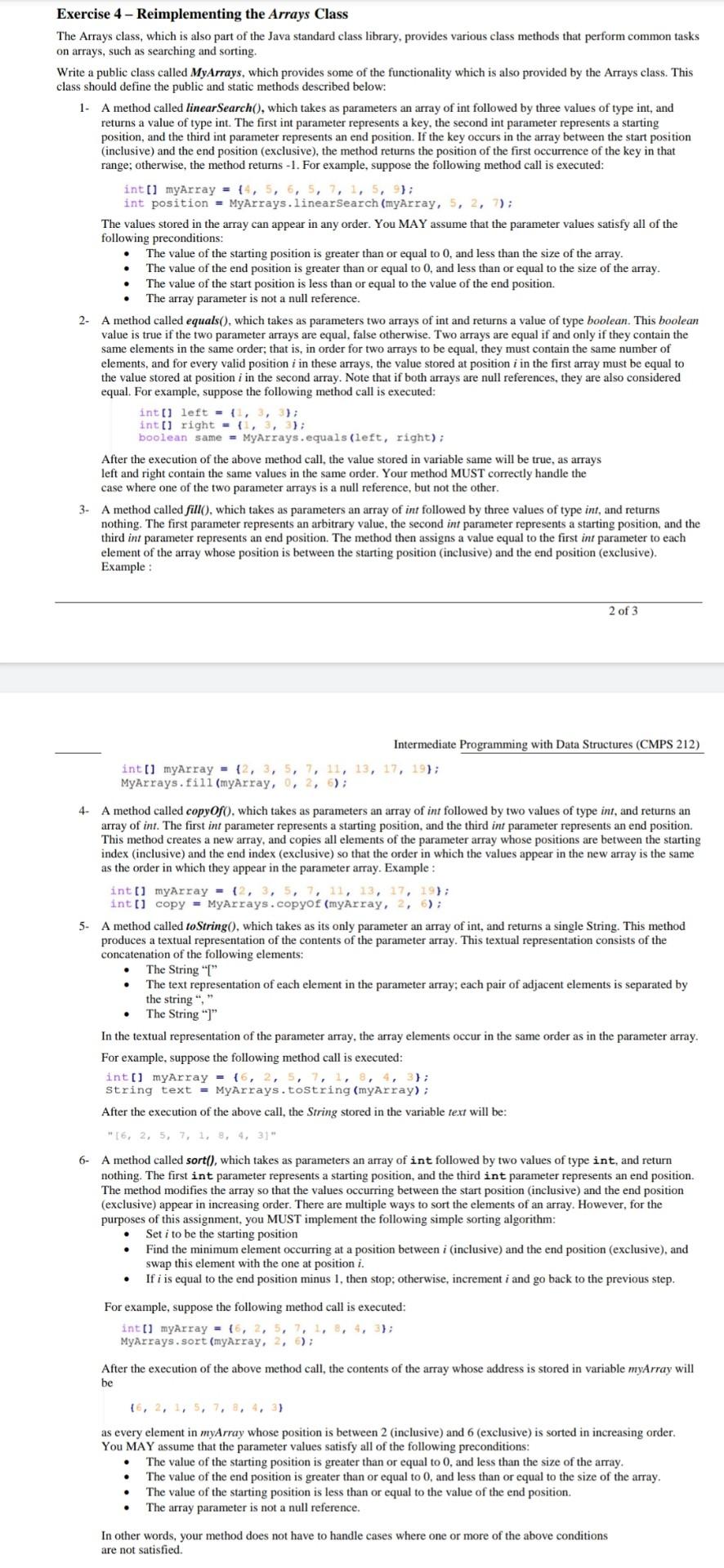 Solved Exercise 4 - Reimplementing the Arrays Class The | Chegg.com