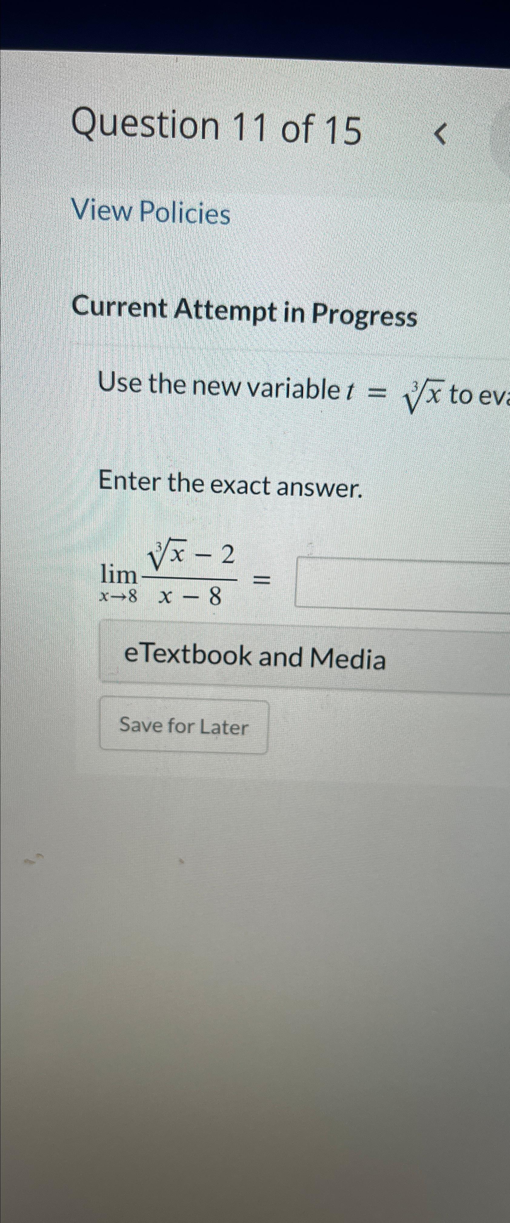 Solved Question 11 ﻿of 15View PoliciesCurrent Attempt in | Chegg.com
