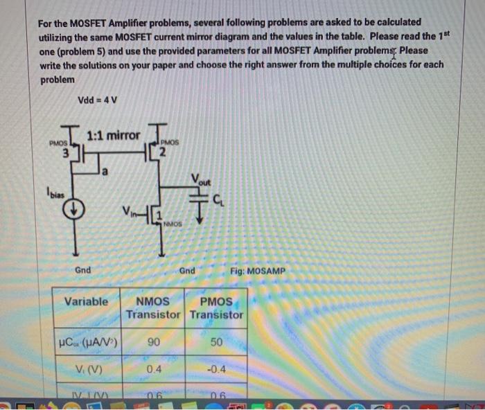 Solved For the MOSFET Amplifier problems, several following | Chegg.com