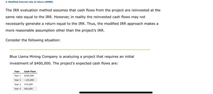 Solved 4. Modified internal rate of return (MIRR) The IRR | Chegg.com