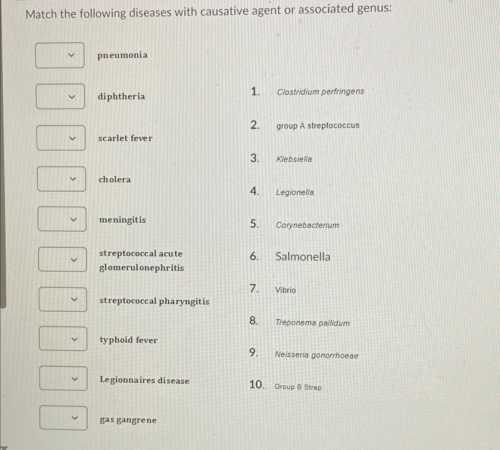 Solved Match the following diseases with causative agent or | Chegg.com