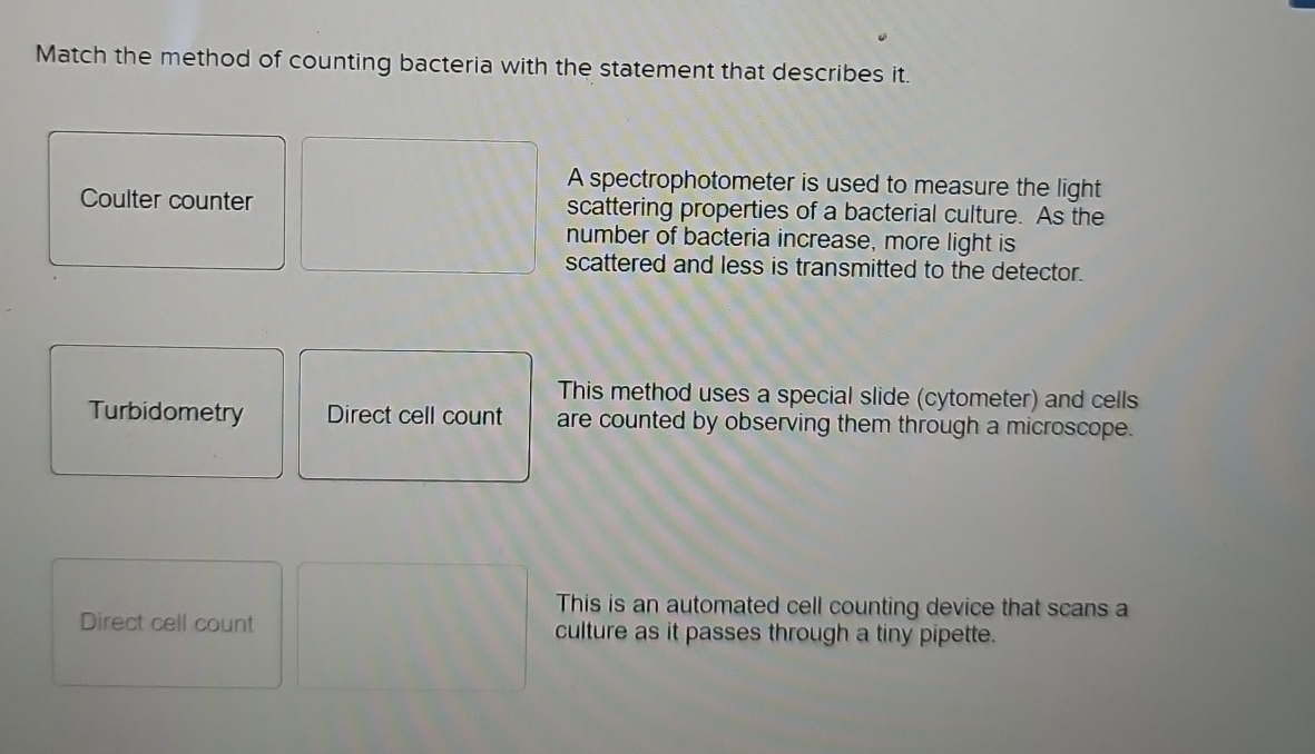 Solved Match the method of counting bacteria with the | Chegg.com