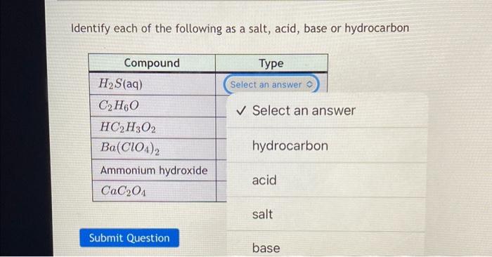 Solved Identify each of the following as a salt, acid, base | Chegg.com