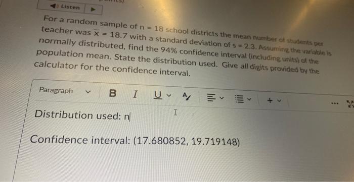 Solved For a random sample of n=18 school districts the mean | Chegg.com