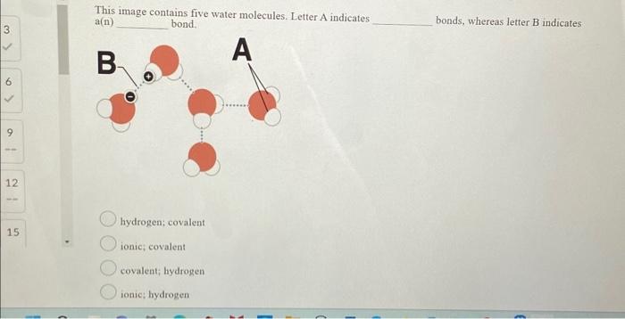 Solved This image contains five water molecules. Letter A | Chegg.com