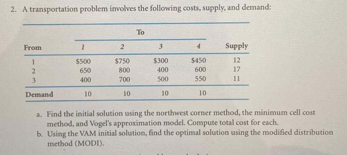 Solved 2. A transportation problem involves the following | Chegg.com