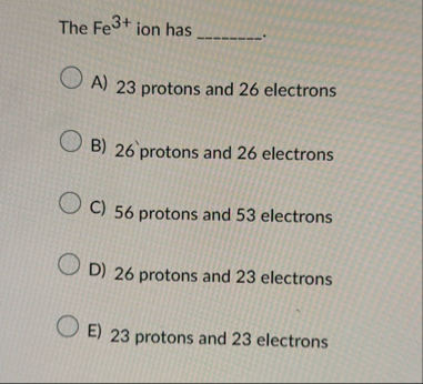 Solved The Fe3 ﻿ion has q,A) 23 ﻿protons and 26 | Chegg.com