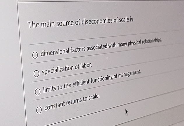 Solved The main source of diseconomies of scale | Chegg.com