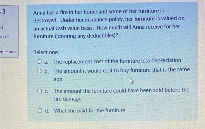 Solved Anna has a fire in her home and some of her furniture | Chegg.com