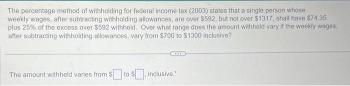 Solved The percentage method of withholding for federal | Chegg.com