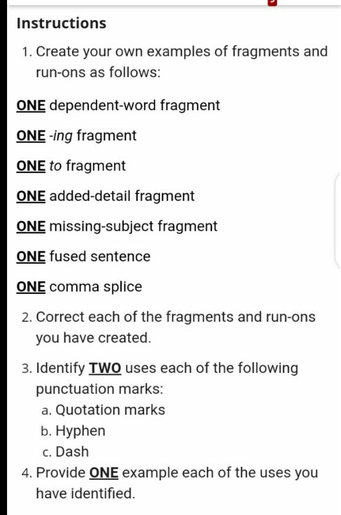 Instructions 1. Create your own examples of fragments | Chegg.com